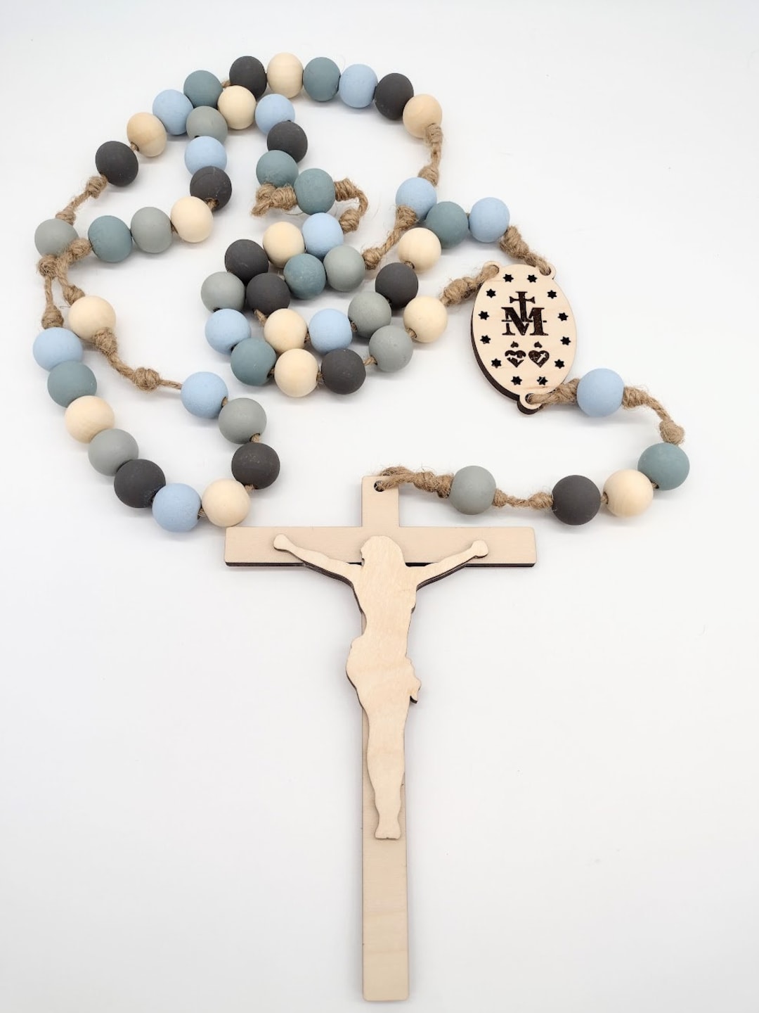Blues, Grey, Cream, Wall Rosary, Hand Painted, Rustic Rosary ...