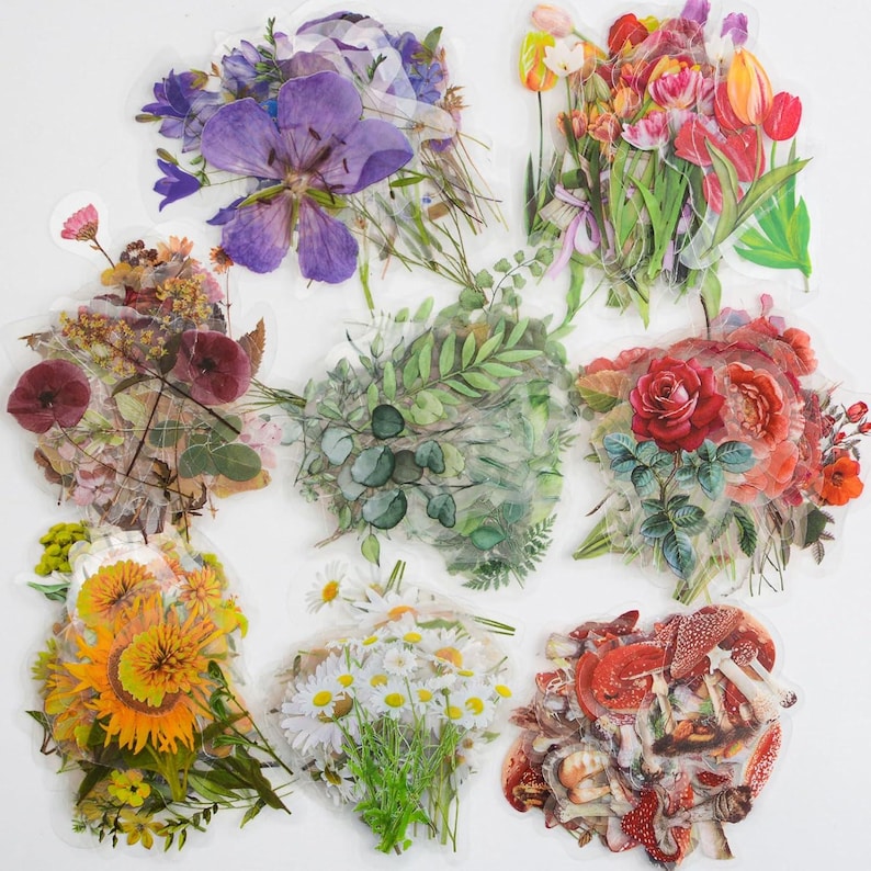 40 Pcs Pack, Beautiful Flower Stickers, Transparent Journaling Stickers ...