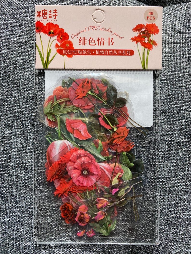 40 Pcs Pack, Beautiful Flower Stickers, Transparent Journaling Stickers ...