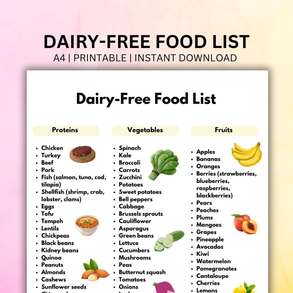 Dairy Free Food List, Printable Grocery List for Food Prep, Lactose ...