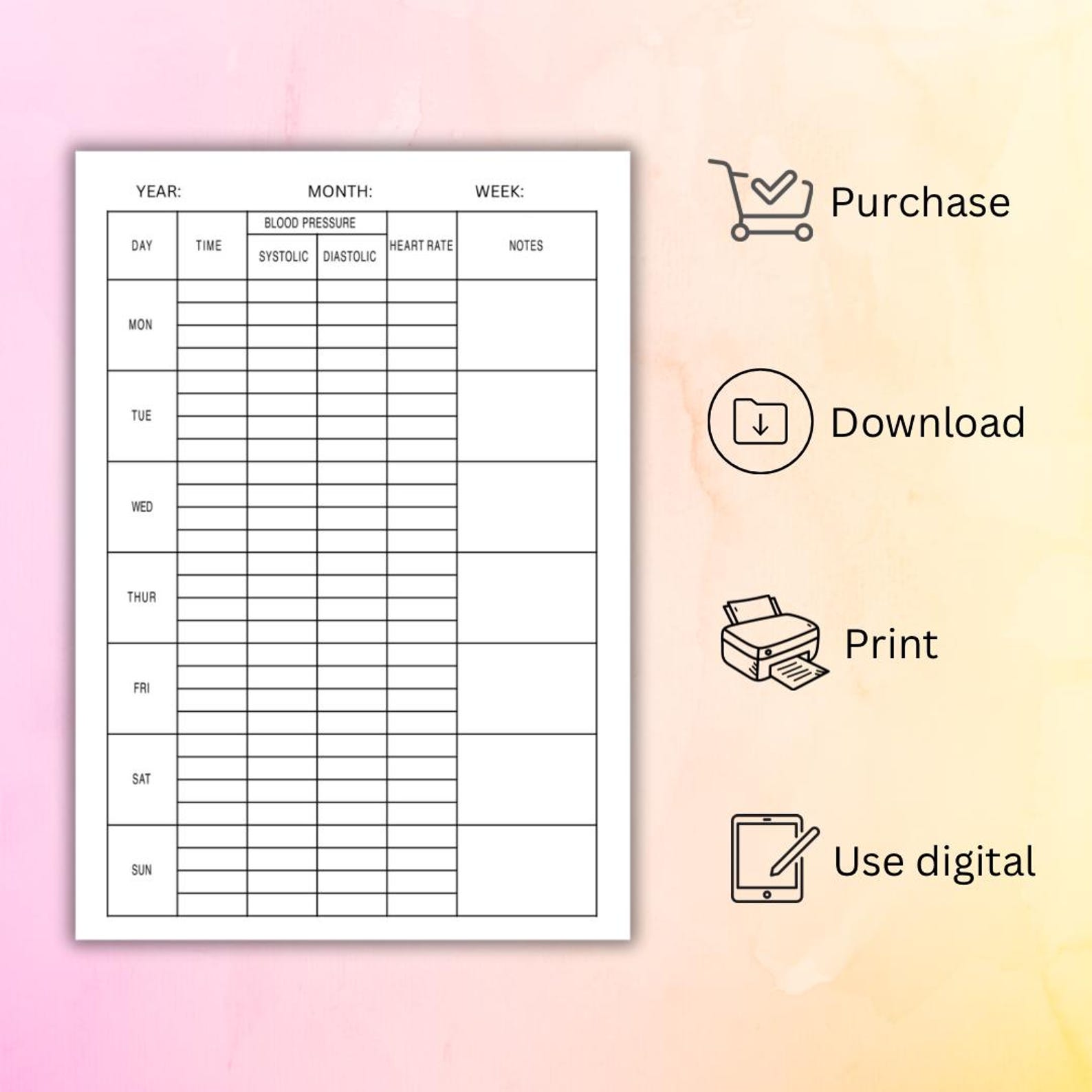 Blood Pressure Log Printable, Heart Rate Tracker Chart, Medical Blood ...