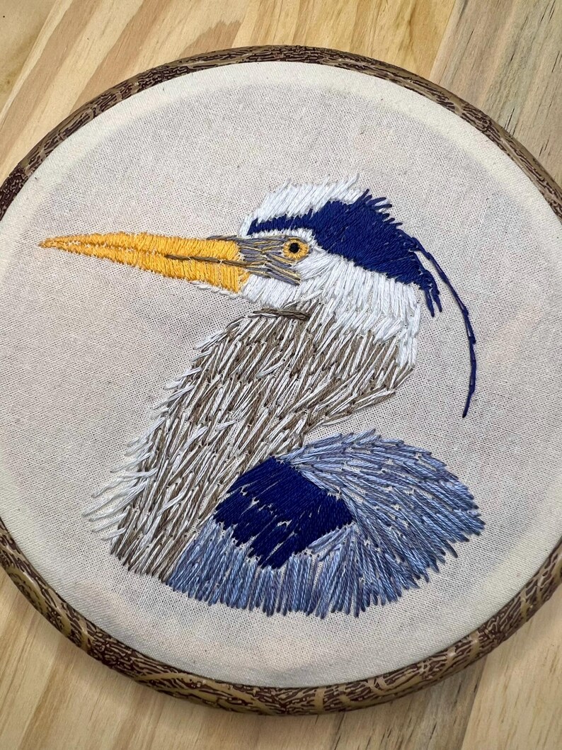 Hand Embroidered Blue Heron | Bird Embroidery Art - Etsy