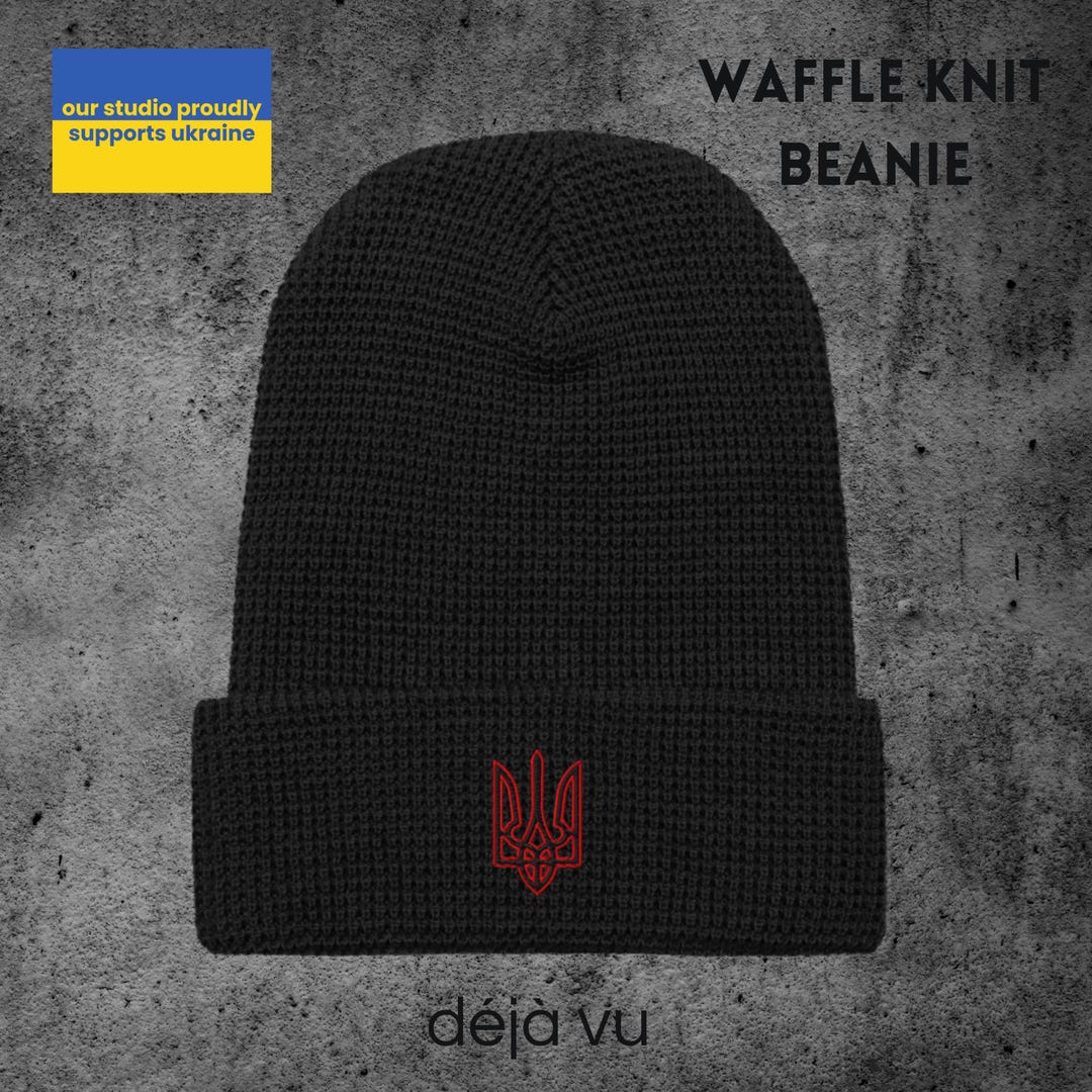 Ukrainian Waffle Knit Beanie | Black Honeycomb Hat | Embroidered Tryzub ...