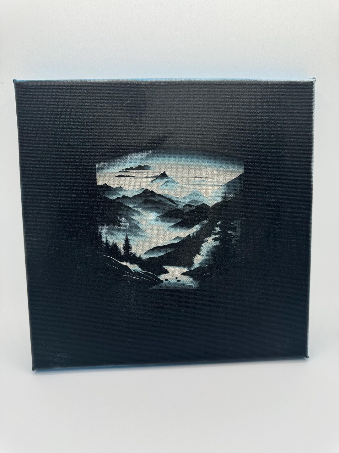 Laser Engraved Canvas Art: Blue Mountain Landscape With River and Trees ...