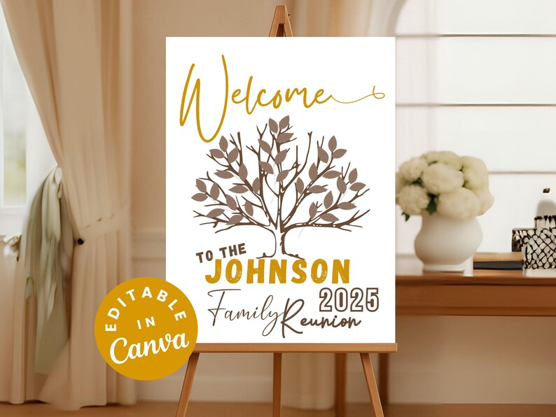 Gold Family Reunion Welcome Sign, Tree of Life Decor, Personalized ...