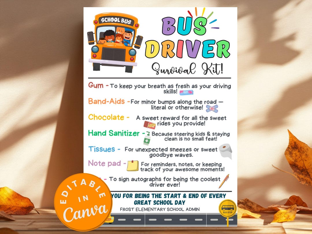 Bus Driver Survival Kit Printable Gift Tag, Editable Thank You Card ...