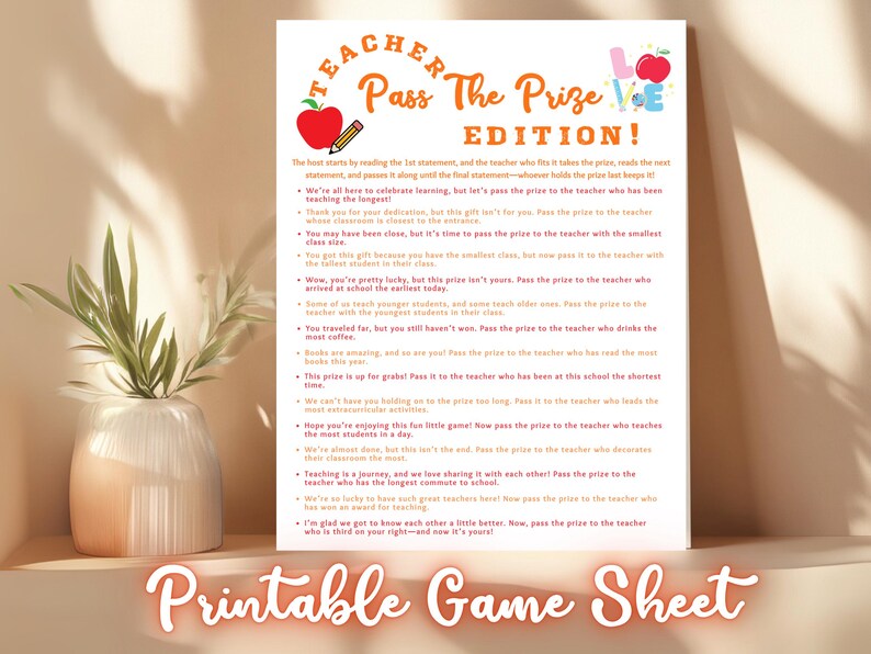 Teacher Pass the Prize Printable Last Day of School Party Games Teacher ...
