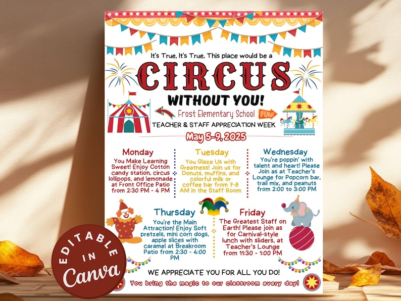 Teacher Appreciation Week Circus Theme Editable Itinerary Poster, Fun ...