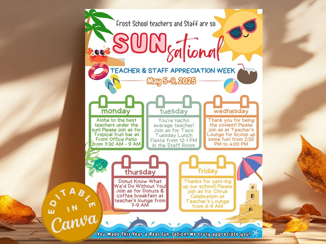 Sun-sational Teacher Appreciation Week Itinerary Editable Beach Theme ...