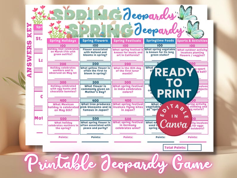 DIY Spring Game Sheet Jeopardy Printable Games for Kids Classroom ...