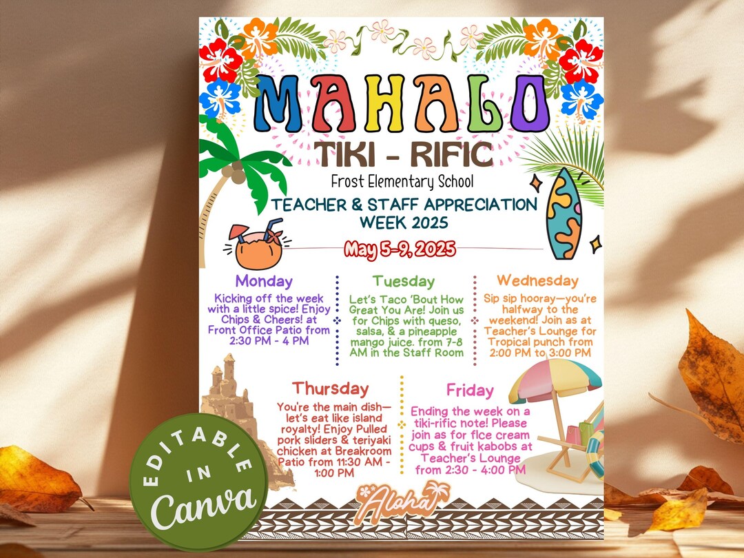 Hawaiian Luau Teacher Appreciation Schedule Hawaii, Editable Itinerary ...