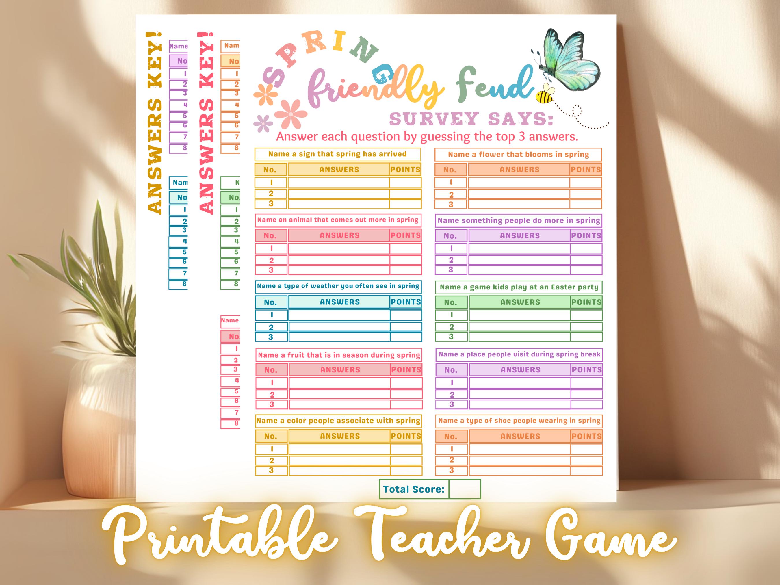 Spring Friendly Feud Game Sheet Printable Spring Easter Feud Games Kids ...