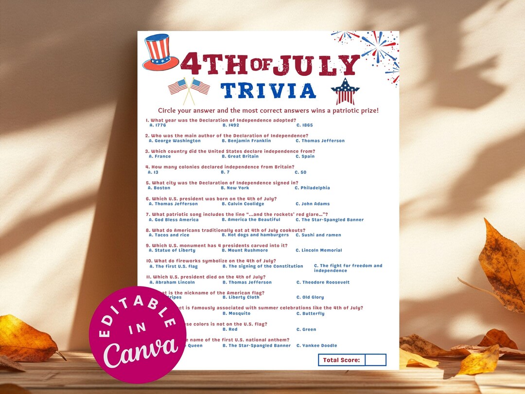 4th of July Trivia Game Sheet, Independence Day Fun Games, Printable ...