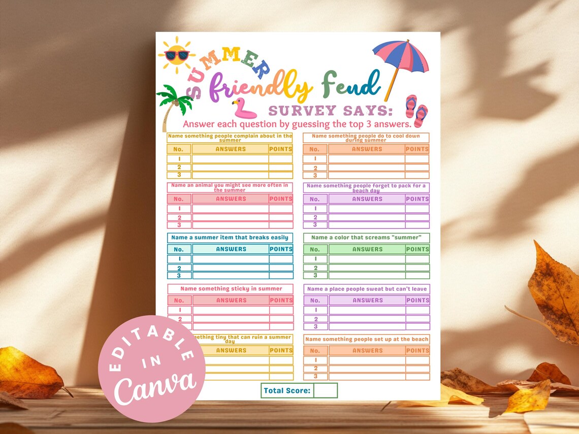 Summer Feud Game Sheet Fun Printable Family Trivia Game, Summer ...