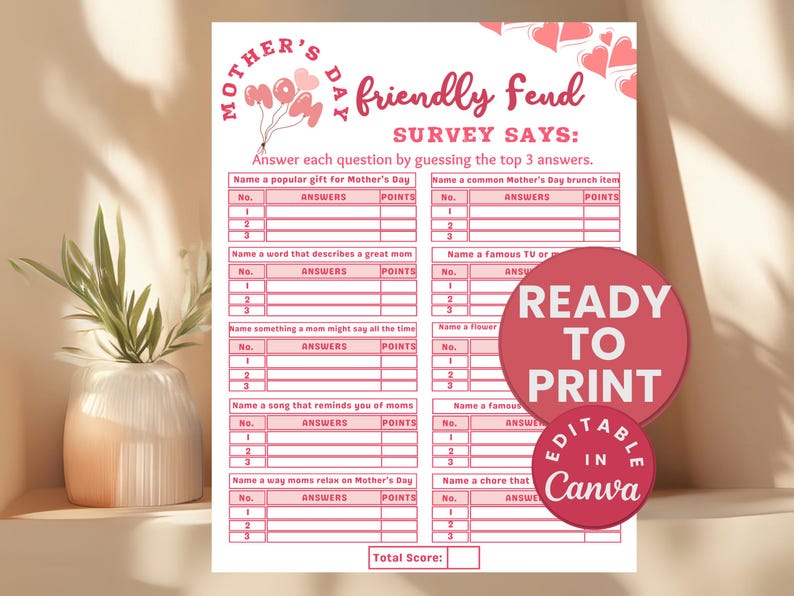 Printable Mothers Day Friendly Feud Game Sheet Mom Birthday Party Game ...