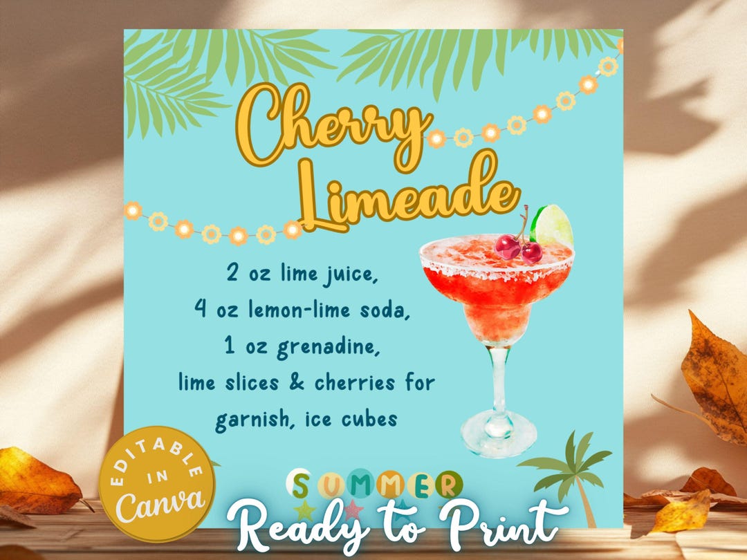 Cherry Limeade Recipe Card, Summer Refreshing Drink Sign Ideas, DIY ...