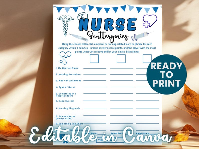 Nurse Scattergories Game Sheet Printable, Fun Nursing Theme, Nurse ...
