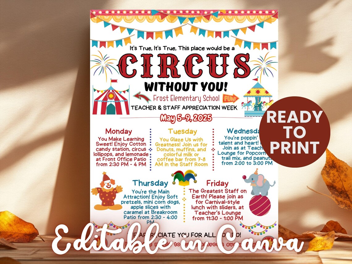Teacher Appreciation Week Circus Theme Editable Itinerary Poster, Fun ...