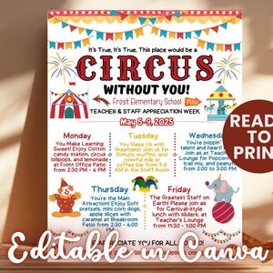 Teacher Appreciation Week Circus Theme Editable Itinerary Poster, Fun ...