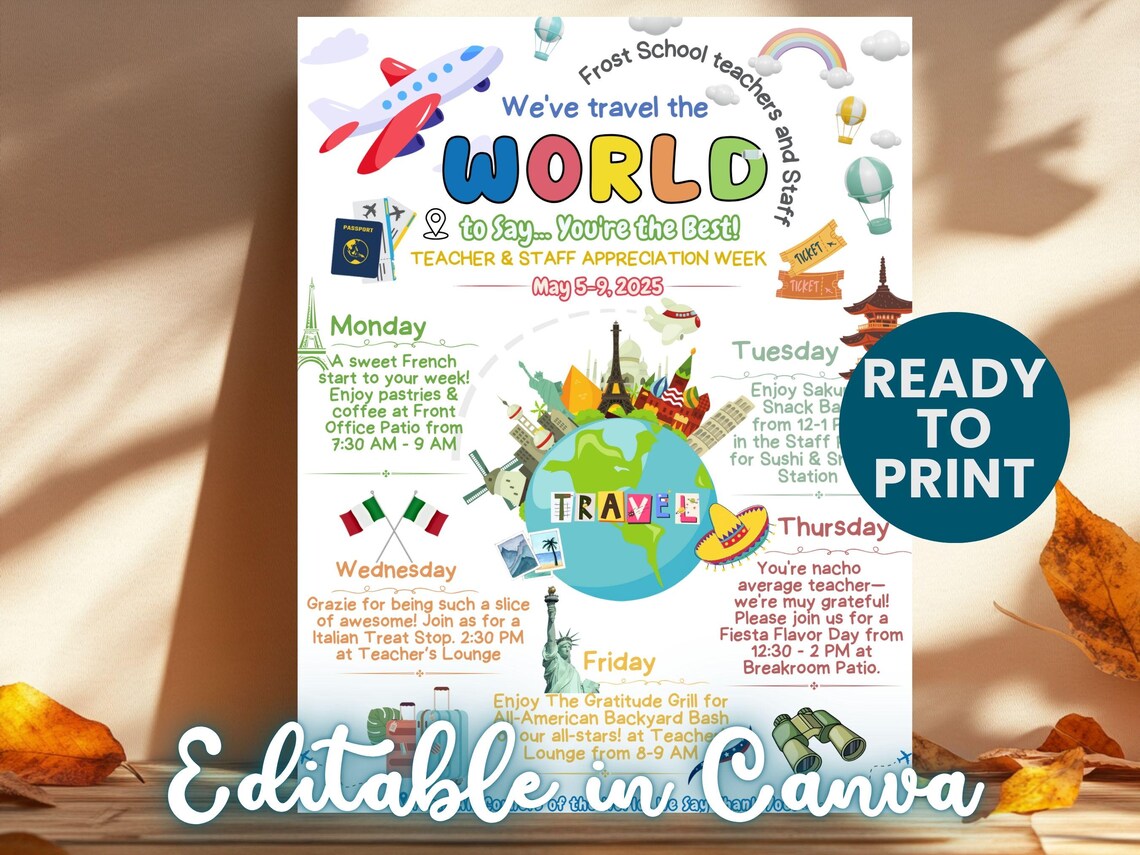 Around the World Teacher Appreciation Week Itinerary Editable ...