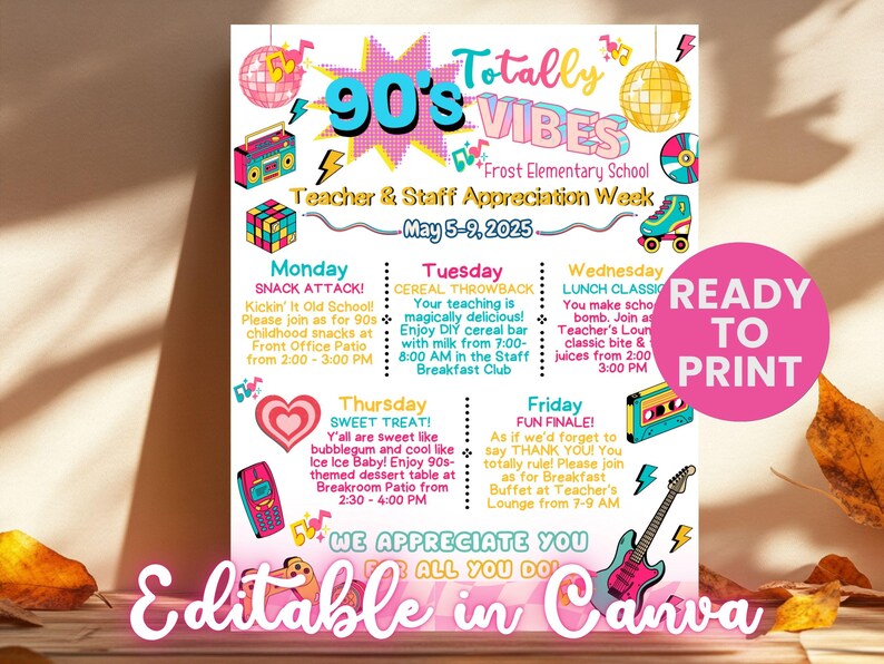 90s Theme Teacher Appreciation Week Retro Itinerary Template, Editable ...