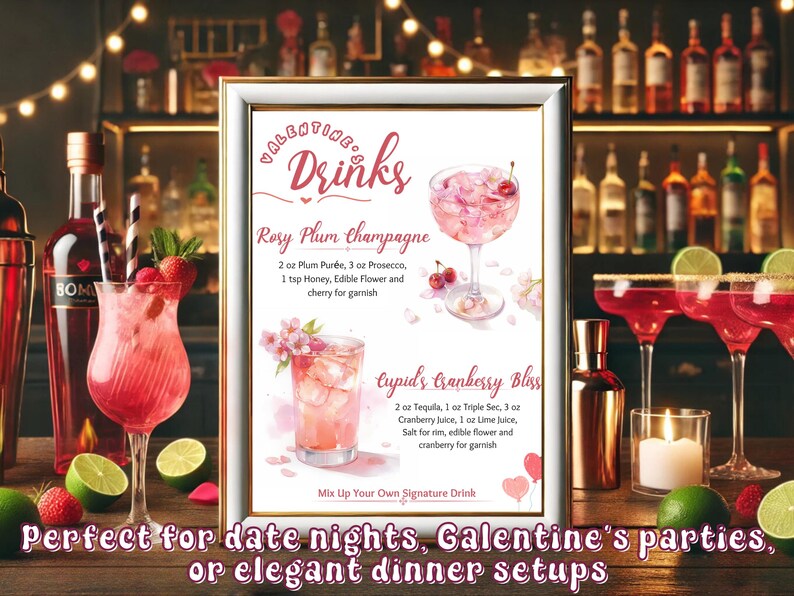 20 Valentine's Day Cocktail Recipe Sign Card Galentines Party Menu ...
