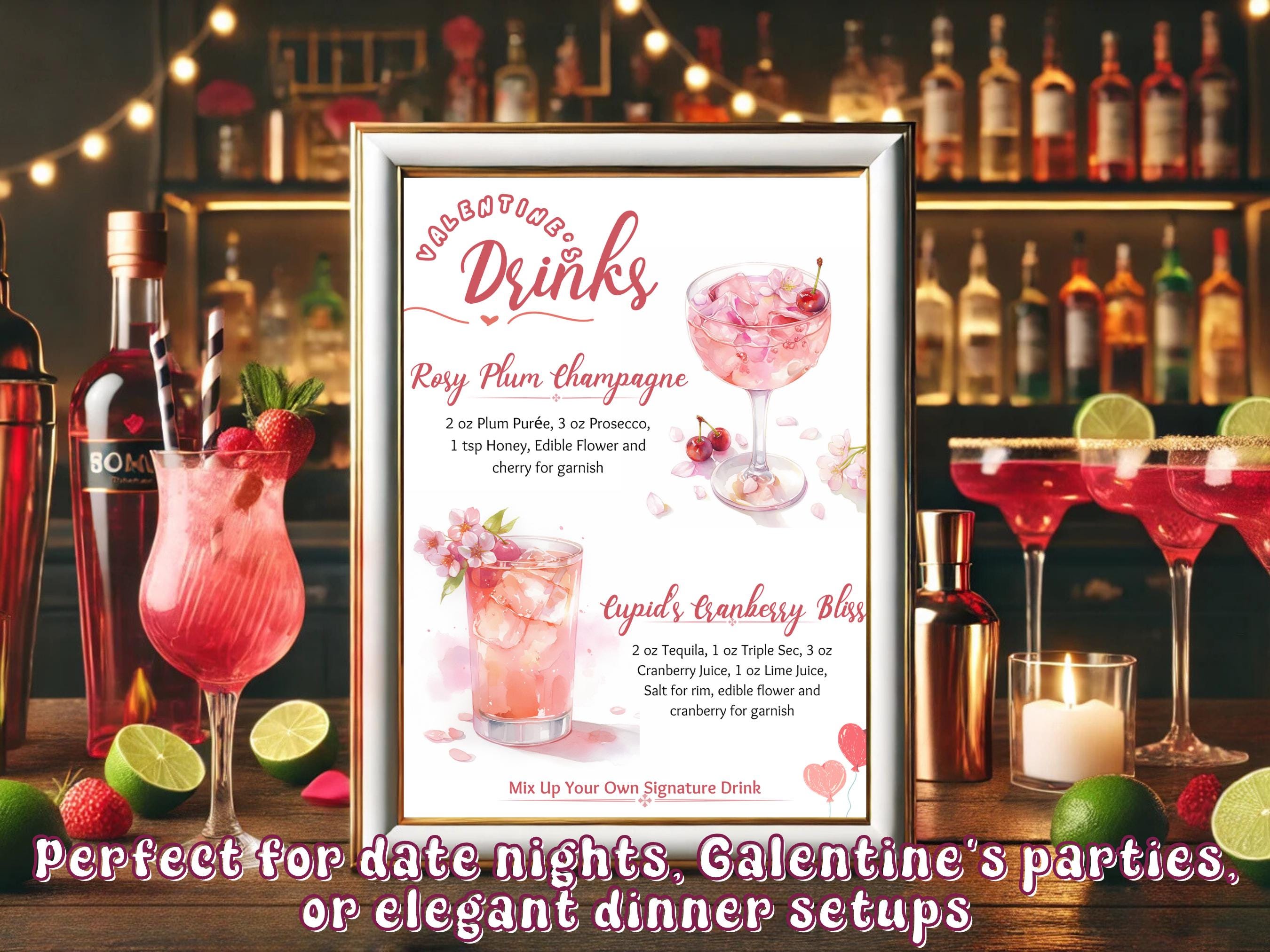 20 Valentine's Day Cocktail Recipe Sign Card Galentines Party Menu ...