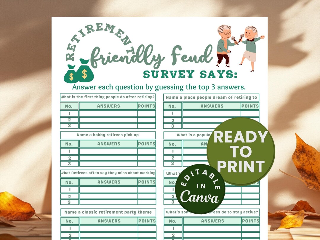 Retirement Friendly Feud Game Sheet Printable Interactive Party Games ...