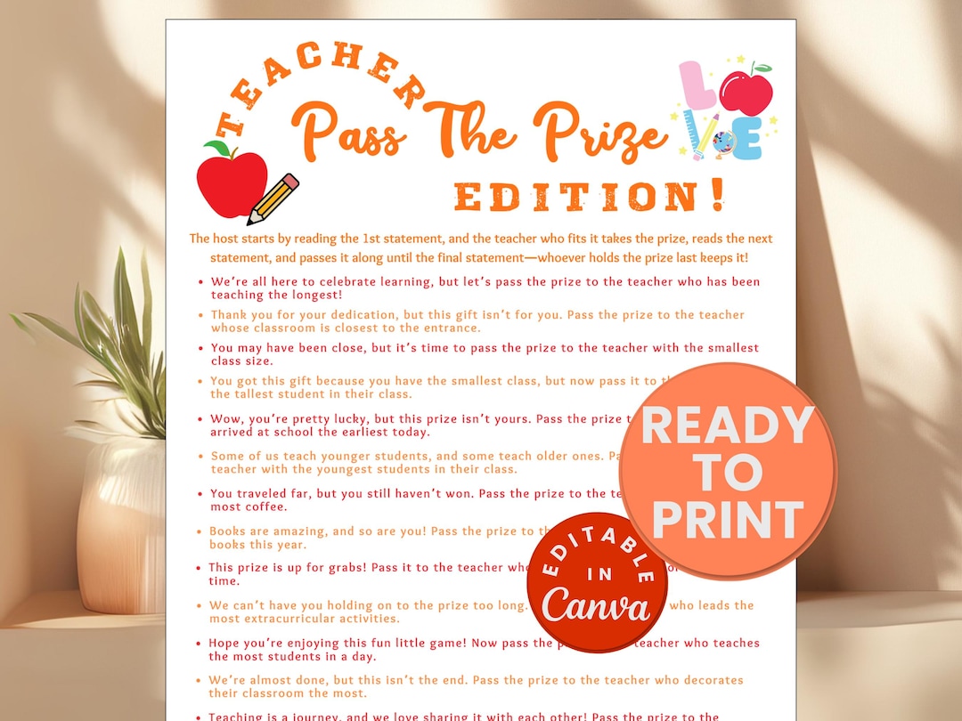Teacher Pass the Prize Printable Last Day of School Party Games Teacher ...