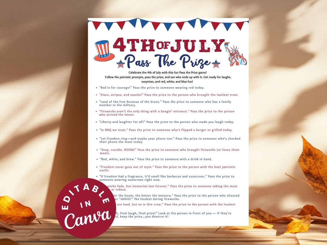 4th of July Pass the Prize Game, Independence Day Family Activity ...