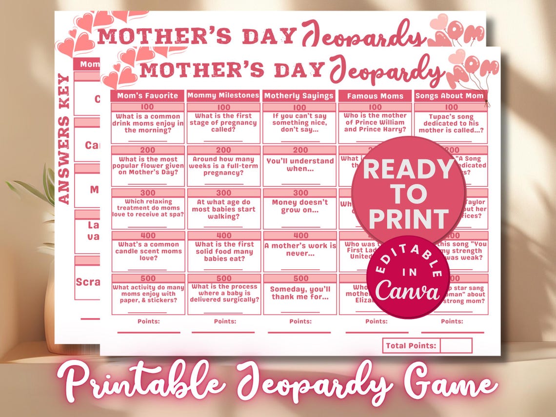 Printable Mothers Day Jeopardy Game Sheet Template Mother's Day Trivia ...