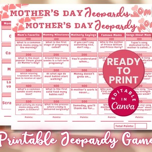 Printable Mothers Day Jeopardy Game Sheet Template Mother's Day Trivia ...
