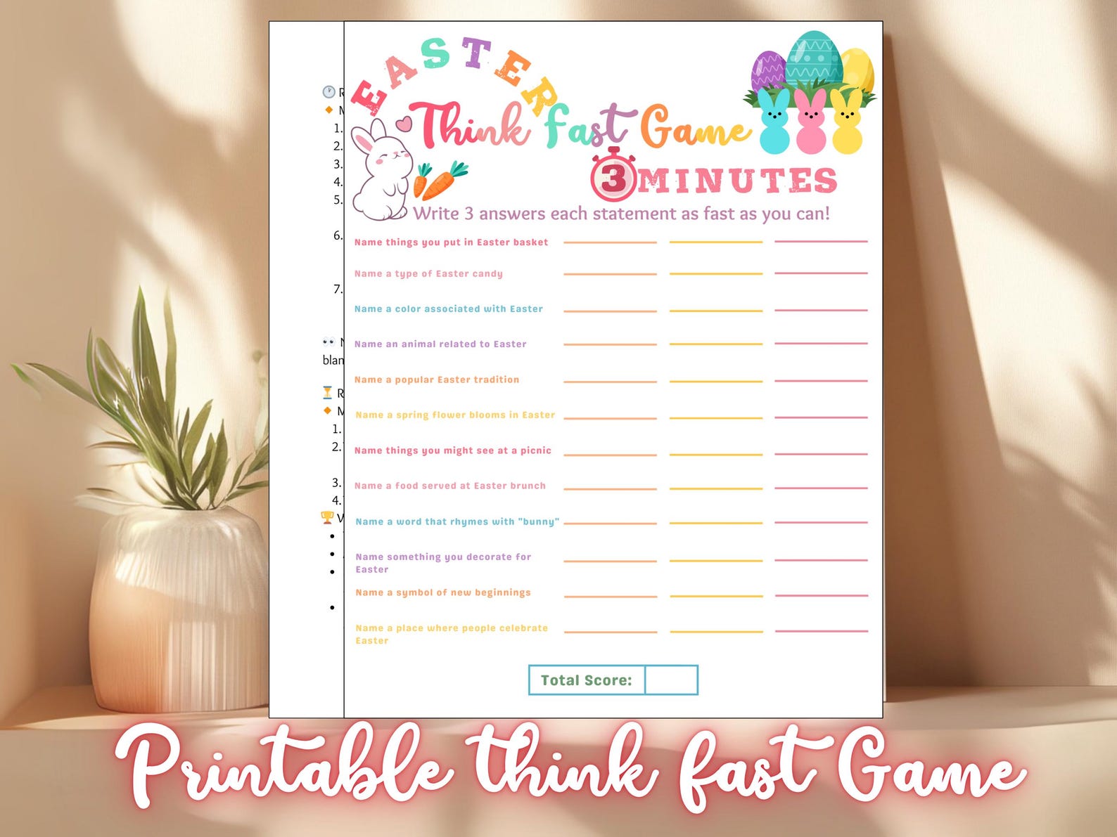 DIY Think Fast Game Easter Printable Kids Summer Activity Easter ...