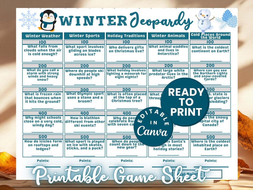 Winter Jeopardy Game Sheet Printable Fun Family Trivia, Holiday Trivia ...