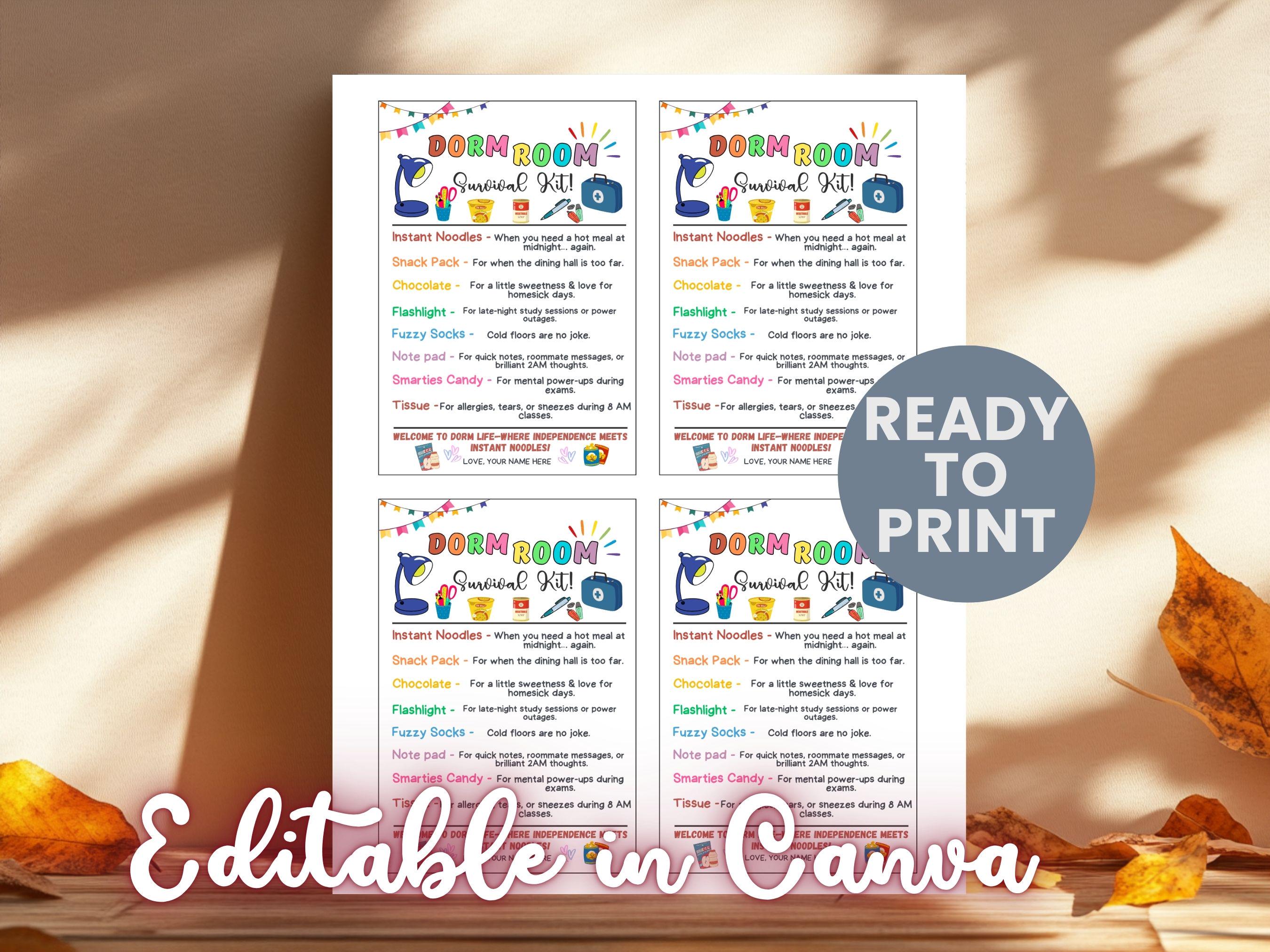 Dorm Room Survival Kit Tags Printable College Care Package, Back to ...