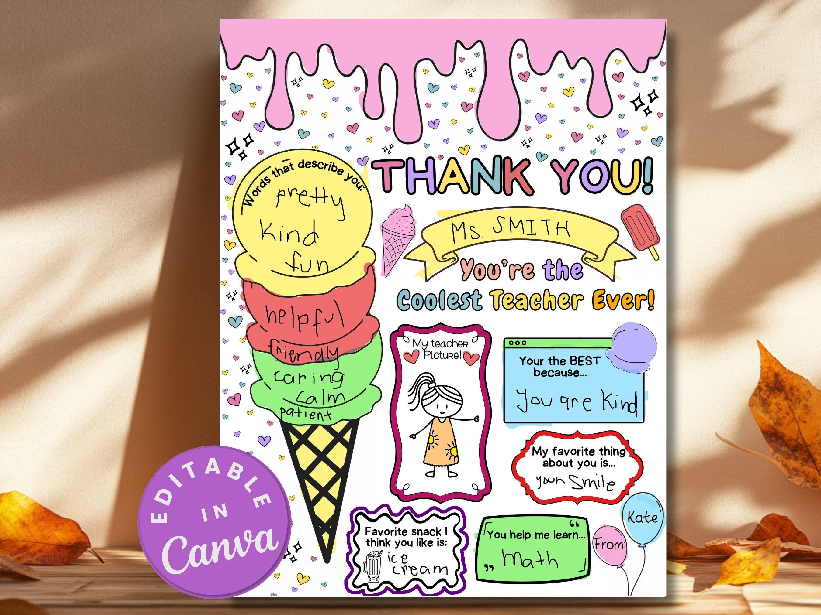 Ice Cream Teacher Appreciation Week Card Printable Flyer Summer Kids ...