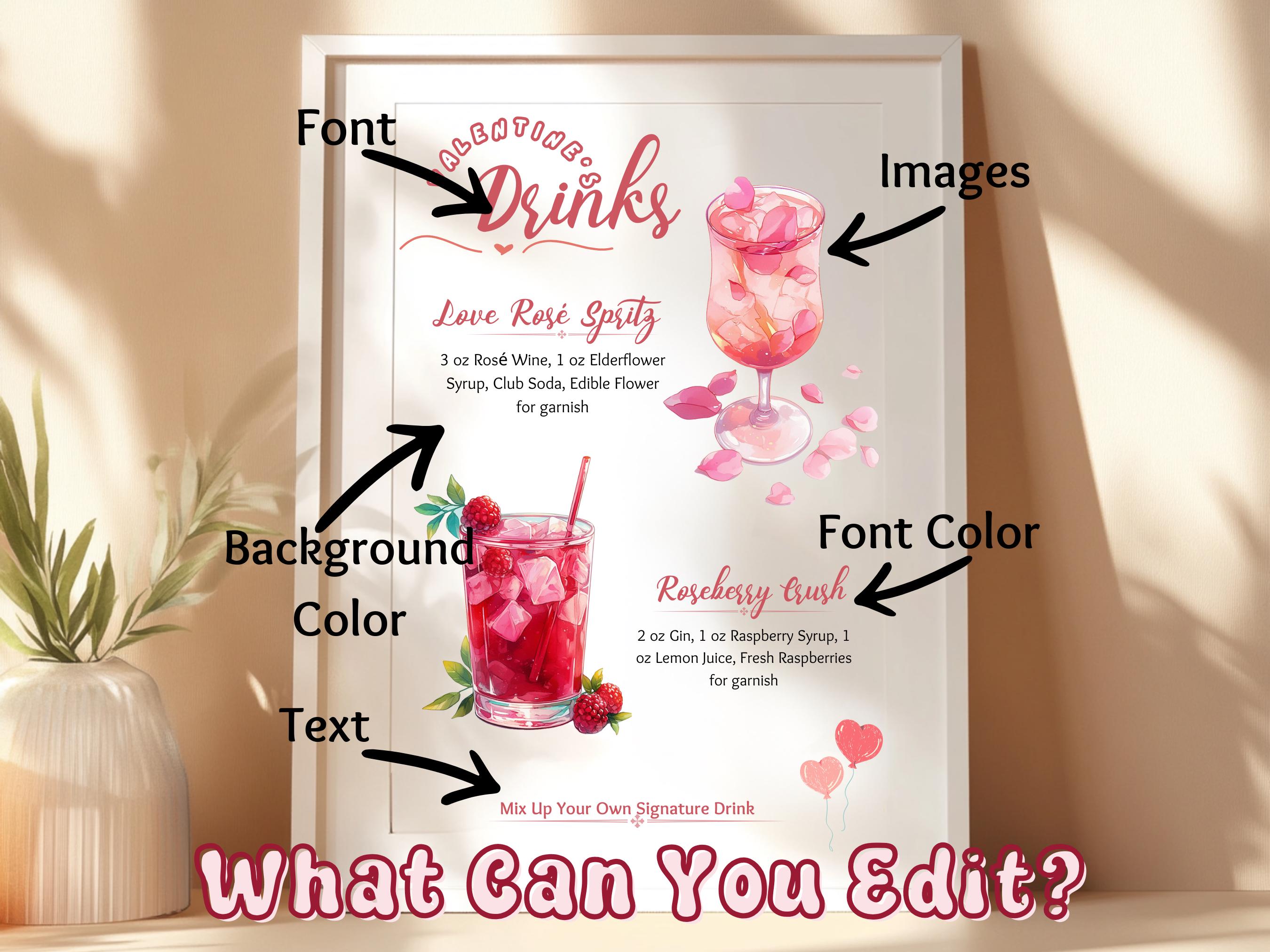 20 Valentine's Day Cocktail Recipe Sign Card Galentines Party Menu ...