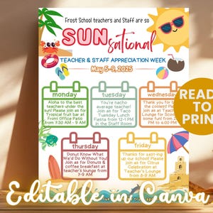 Sun-sational Teacher Appreciation Week Itinerary Editable Beach Theme ...