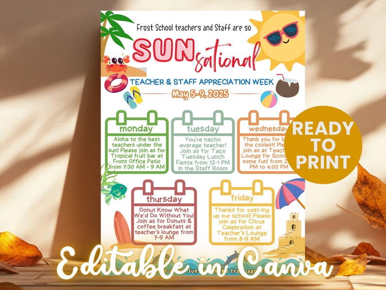 Sun-sational Teacher Appreciation Week Itinerary Editable Beach Theme ...