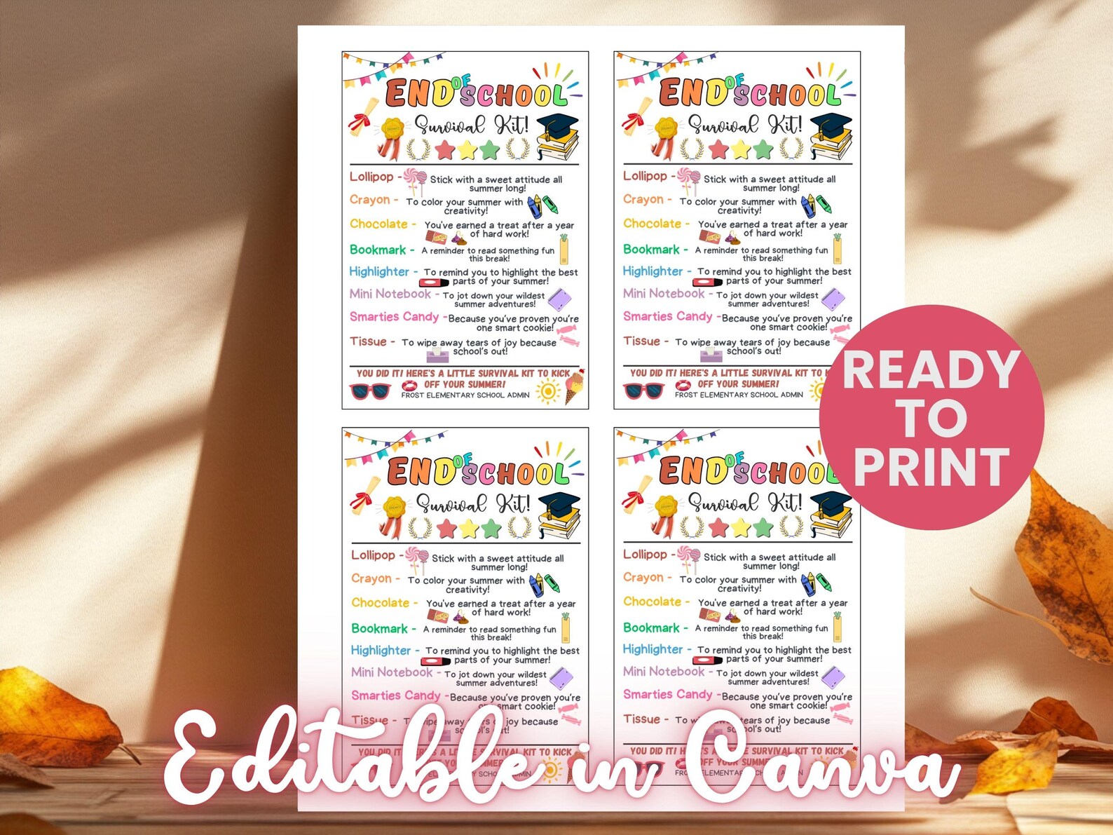 End of School Year Survival Kit Tags, Teacher Appreciation Gift ...