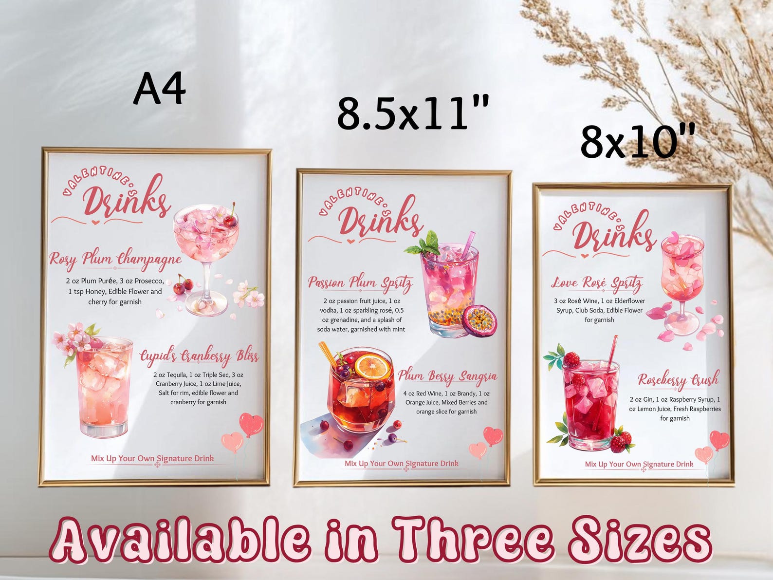 20 Valentine's Day Cocktail Recipe Sign Card Galentines Party Menu ...