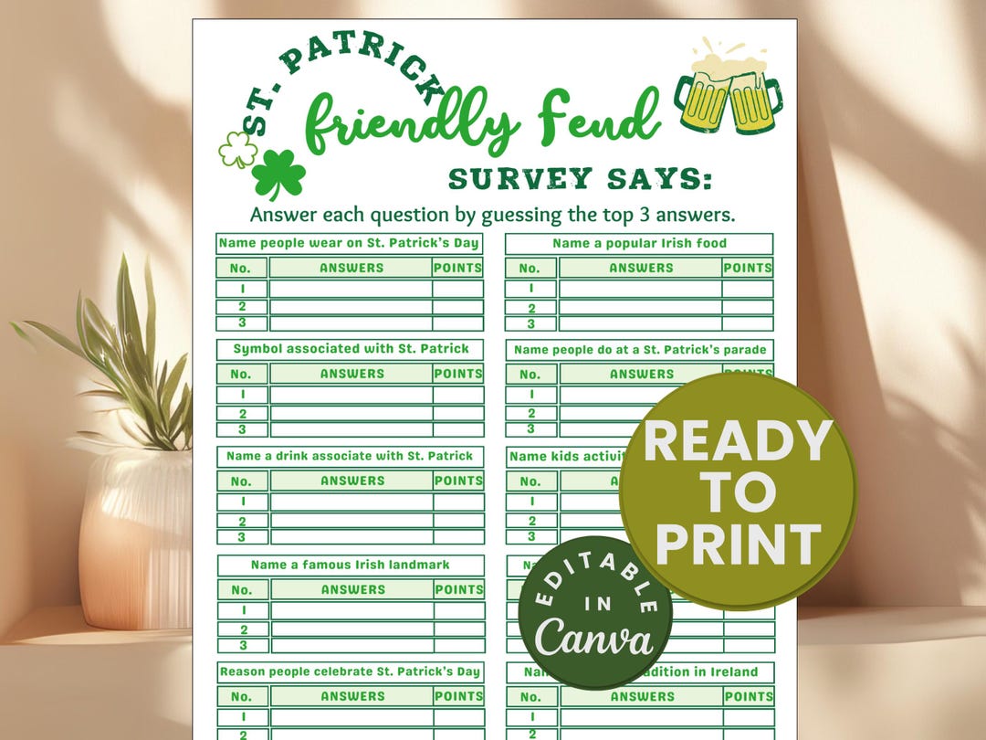 St Patrick Friendly Feud Game Printable Family Feud Template St Patrick ...