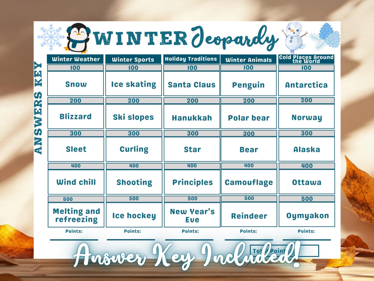 Winter Jeopardy Game Sheet Printable Fun Family Trivia, Holiday Trivia ...