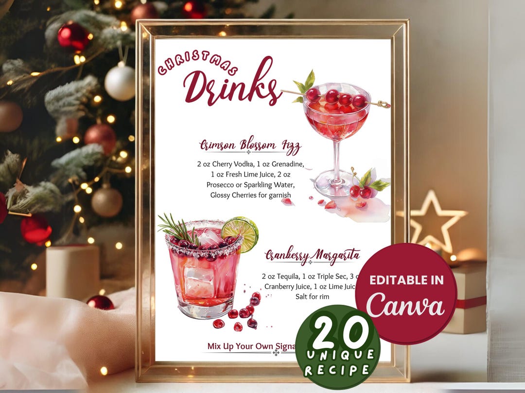 20 Christmas Cocktail Recipe Cards Signage Editable Christmas Party ...
