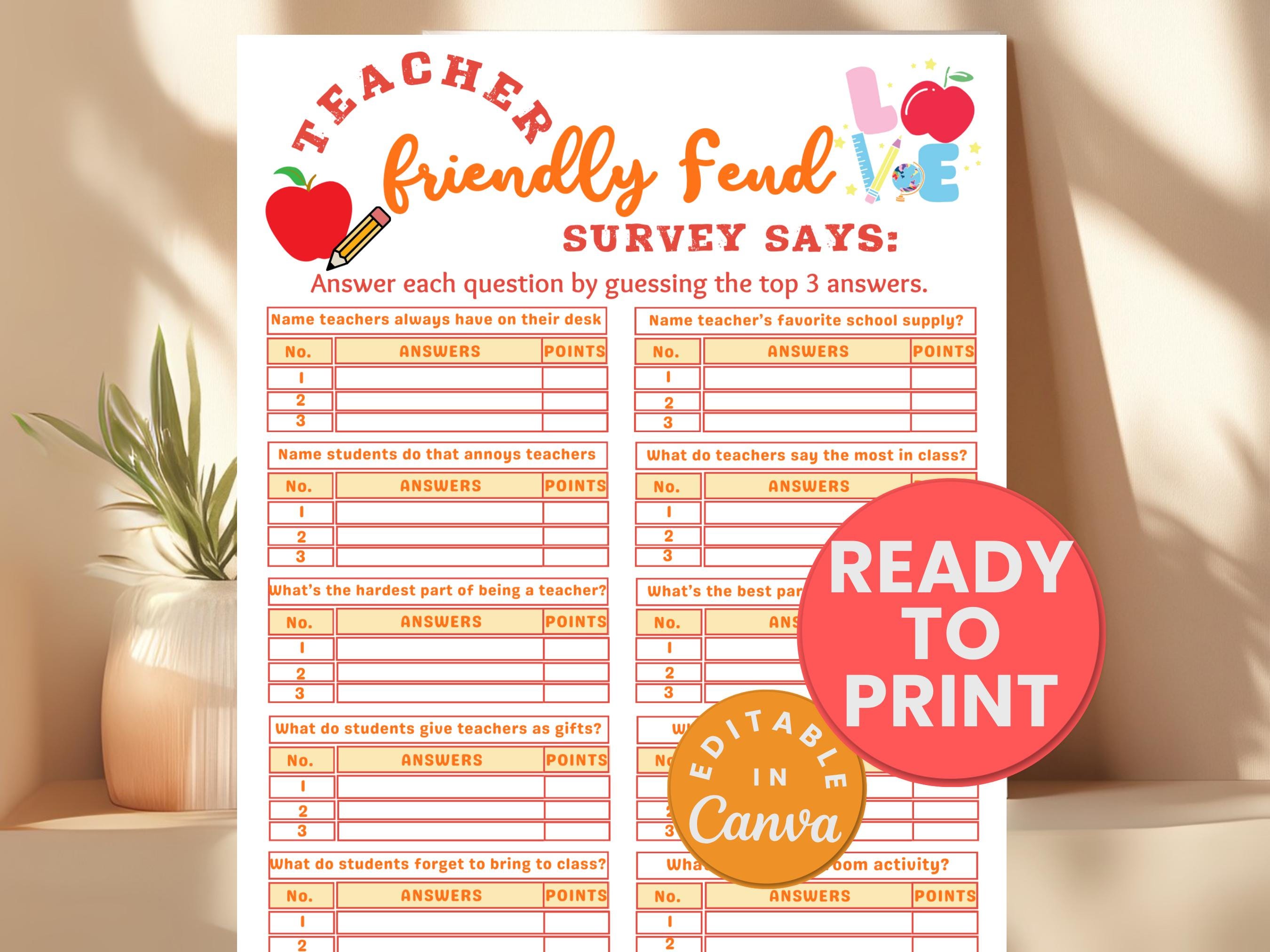Printable Teacher Feud Game Teacher Appreciation Week Teacher Trivia ...