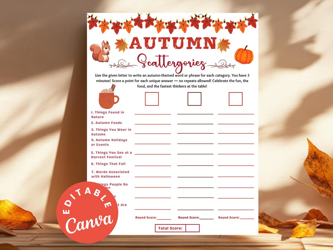 Autumn Scattergories Game Sheet Printable Fun Holiday Trivia for Kids ...