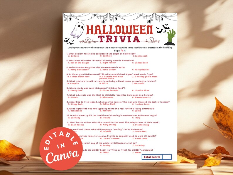Halloween Trivia Game, Fun Family Night, Printable Autumn Trivia Office ...