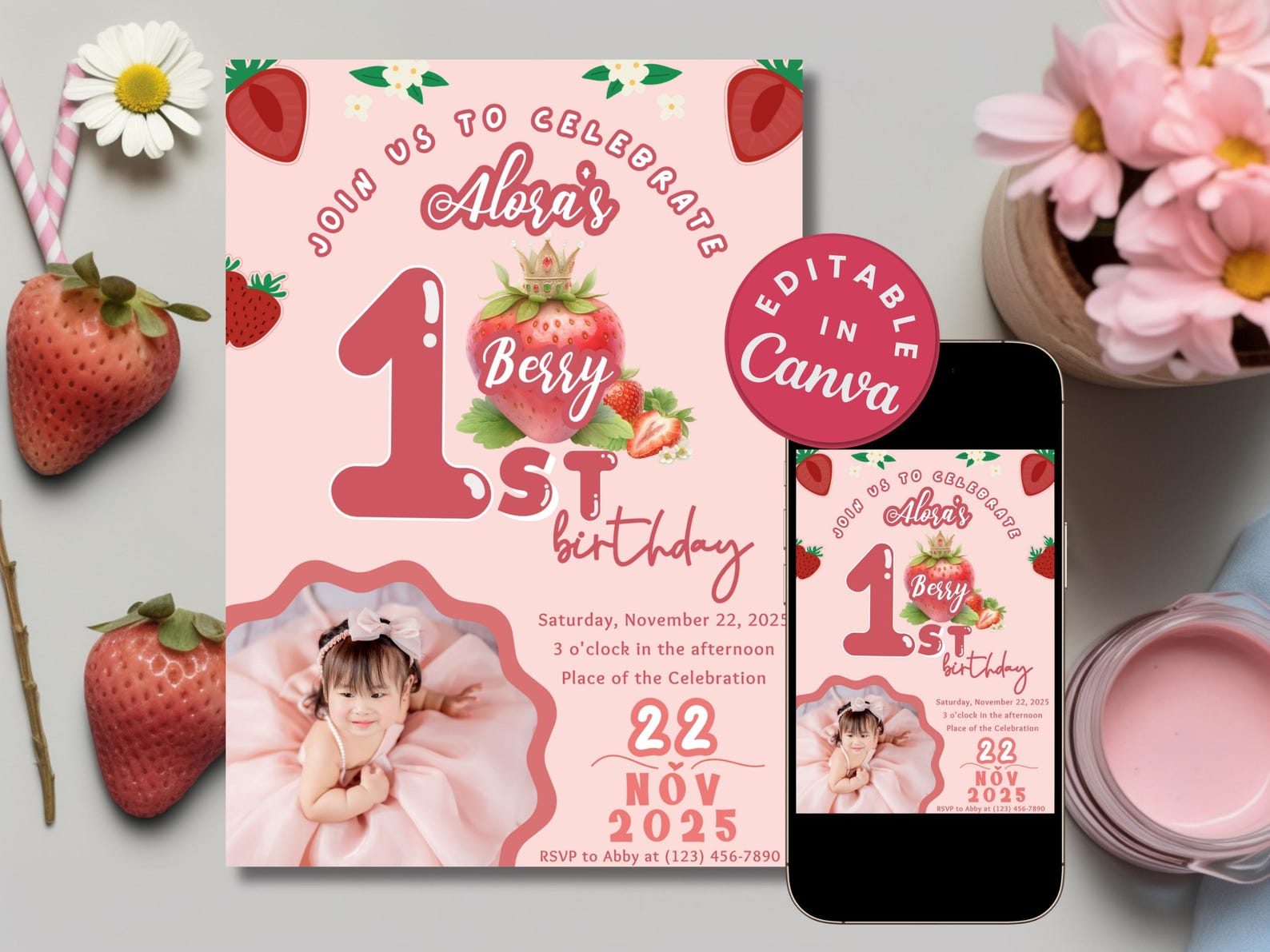 Berry First Birthday Invitation Strawberry Theme for Baby Girl 1st Bday ...