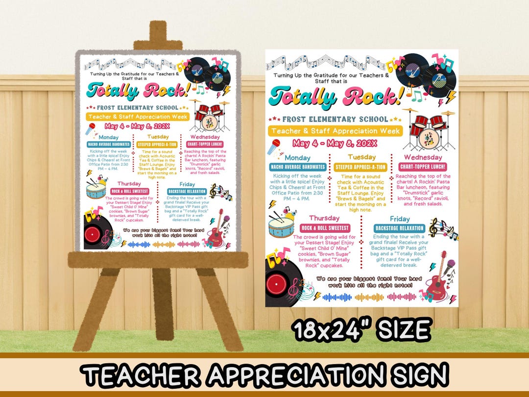 Rock and Roll Theme Signage Teacher Appreciation Week Itinerary Poster ...