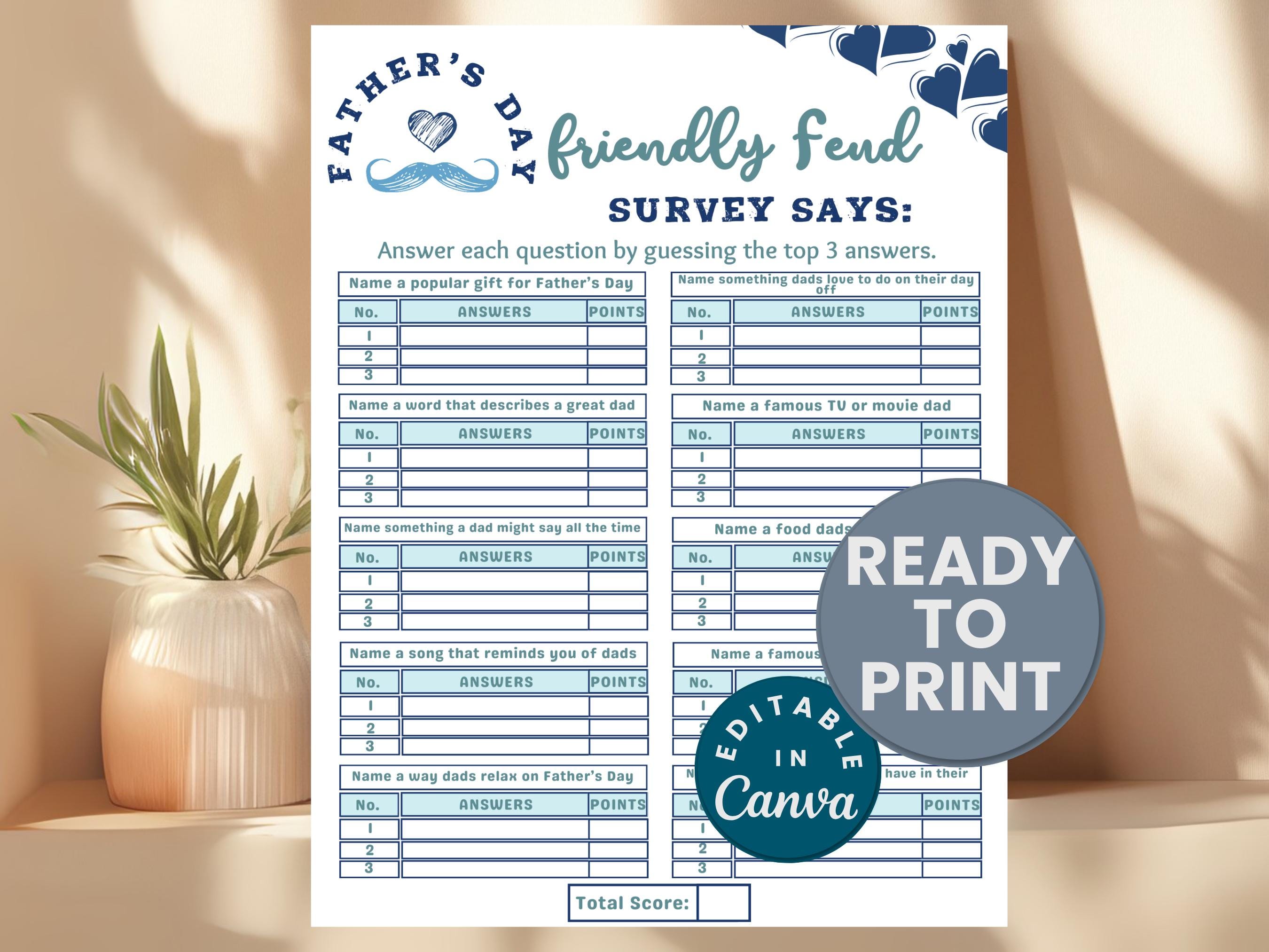 Printable Fathers Day Friendly Feud Game DIY Dad Birthday Party Games ...